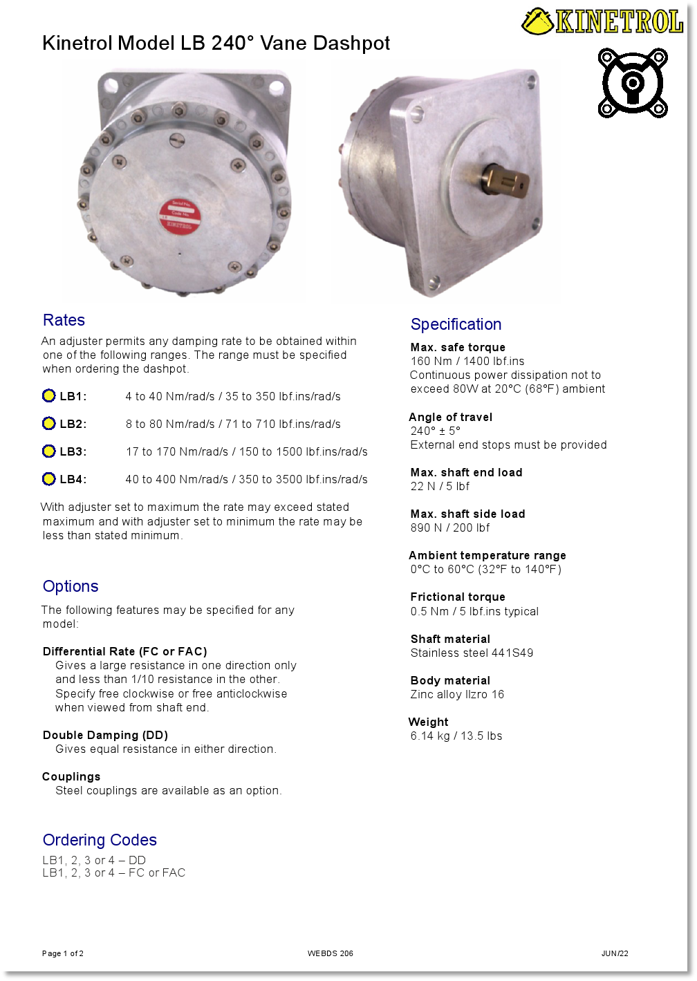 Powerite - Kinetrol UK - Dashpots - Model LB Dashpot